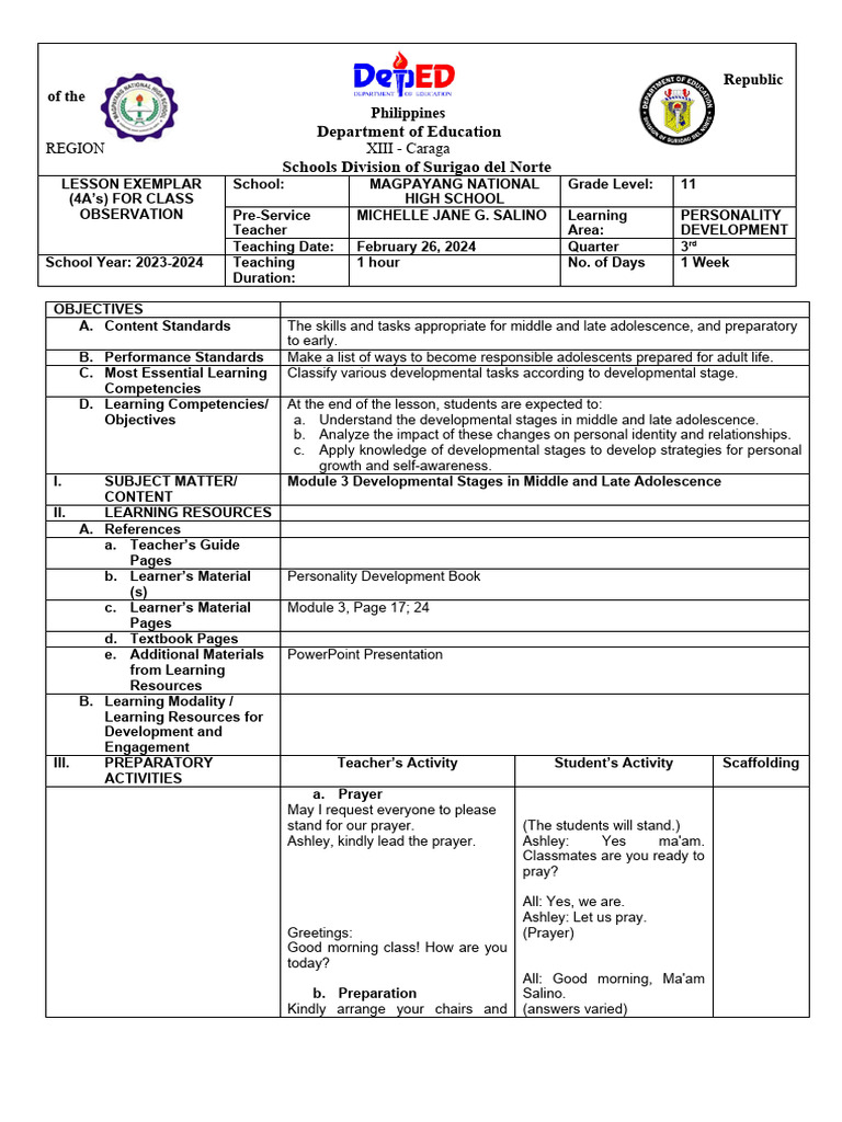 Perdev Module 3 Lesson Plan - Revised | PDF | Adolescence ...