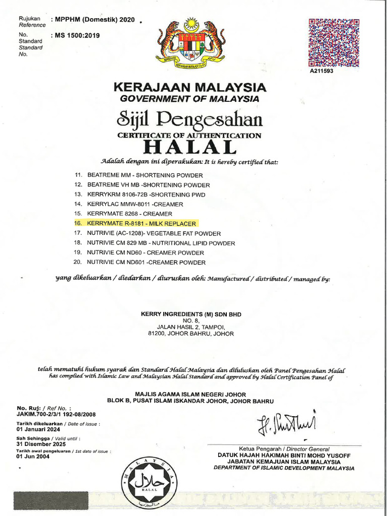 KERRY - Milk Replacer R-8181 - Halal Certf (Dec25) | PDF