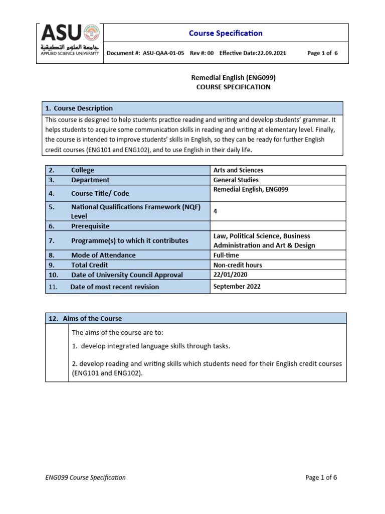 ENG099 Course Specifications S1 2022 3 | PDF | Literacy | Learning