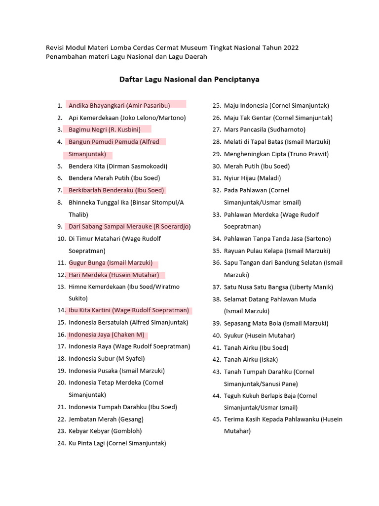 Revisi Materi Lagu Nasional Dan Daerah - LCCM 2022 | PDF | Ilmu Sosial