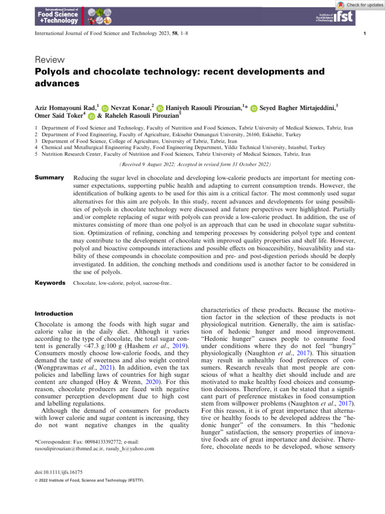 (2022) Int J of Food Sci Tech - Homayouni Rad - Polyols and Chocolate ...