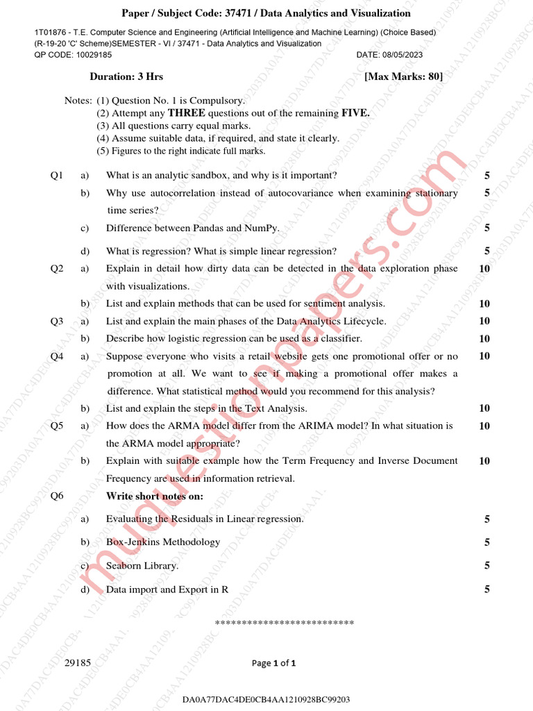 Be - Computer Engineering Ai, DS, ML - Semester 6 - 2023 - May - Data Analytics and ...