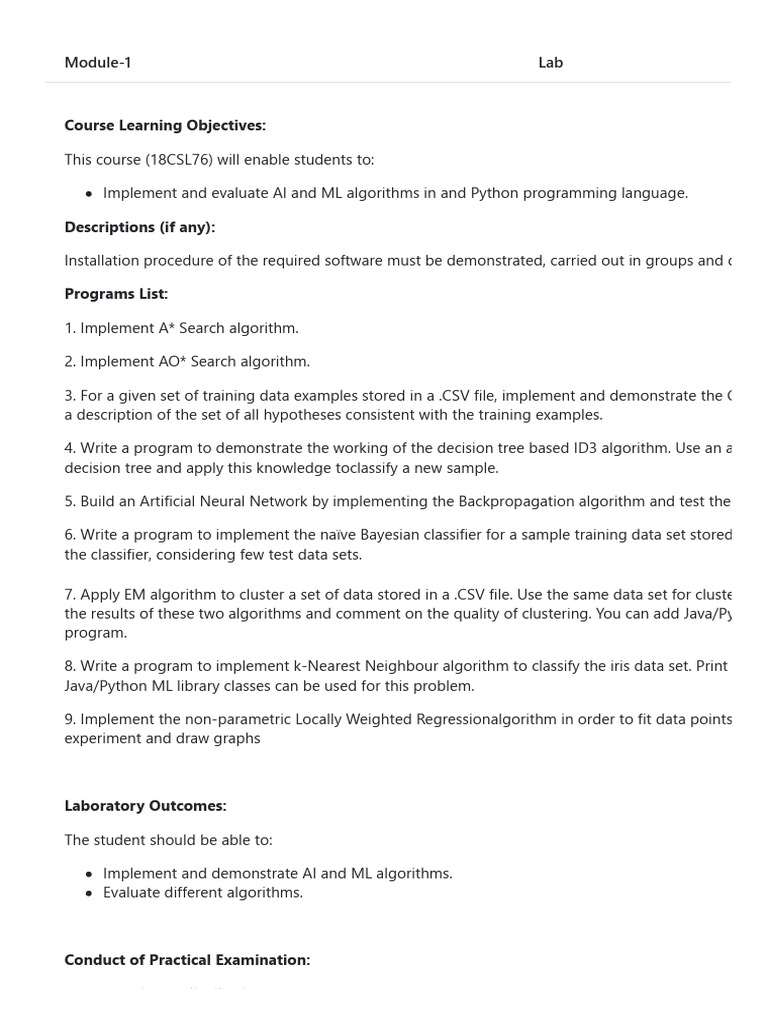 18CSL76 Artificial Intelligence and Machine Learning Laboratory Syllabus For CS | PDF