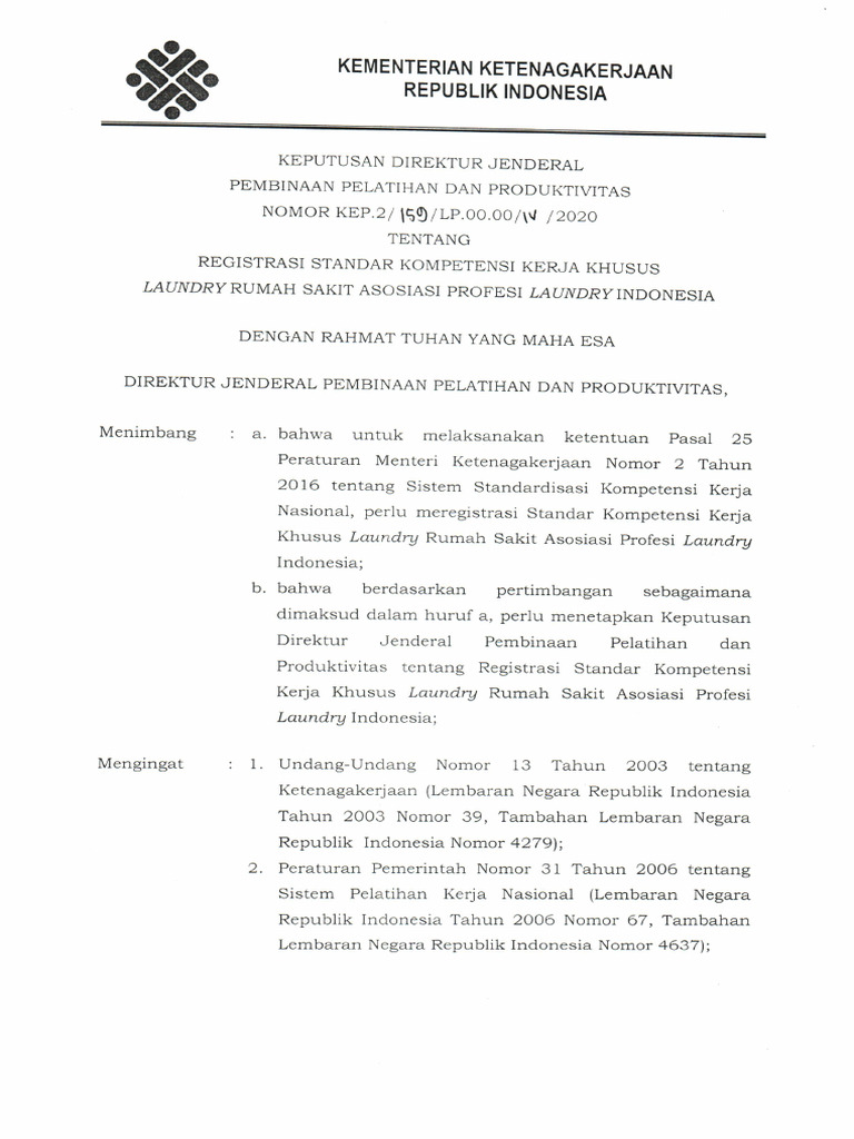 Kepdirjen SKKK 2020-159 Laundy Rumah Sakit Provesi Laundry Indonesia | PDF