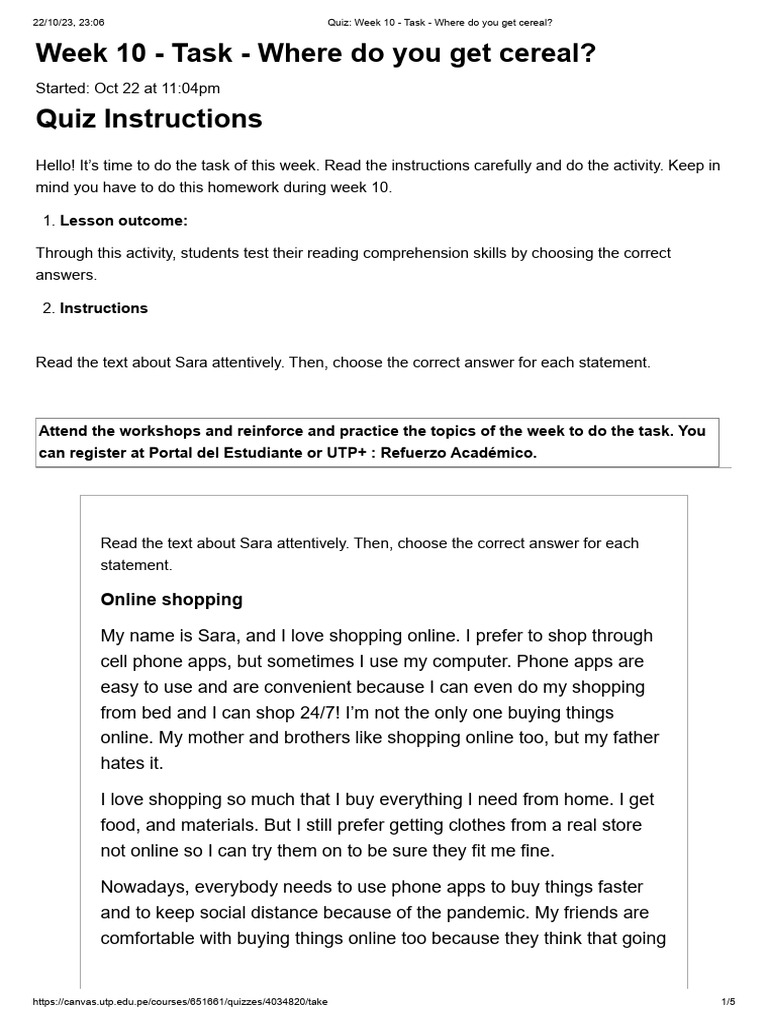 Quiz - Week 10 - Task - Where Do You Get Cereal | PDF