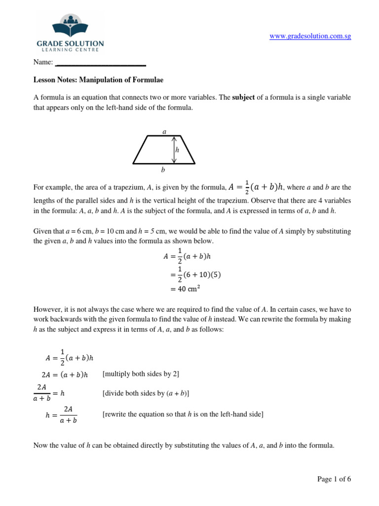 Manipulation of Algebraic Formulae Notes (Teacher) | PDF | Equations ...