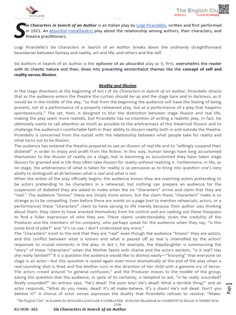 Six Characters in Search of an Author Analysis | PDF