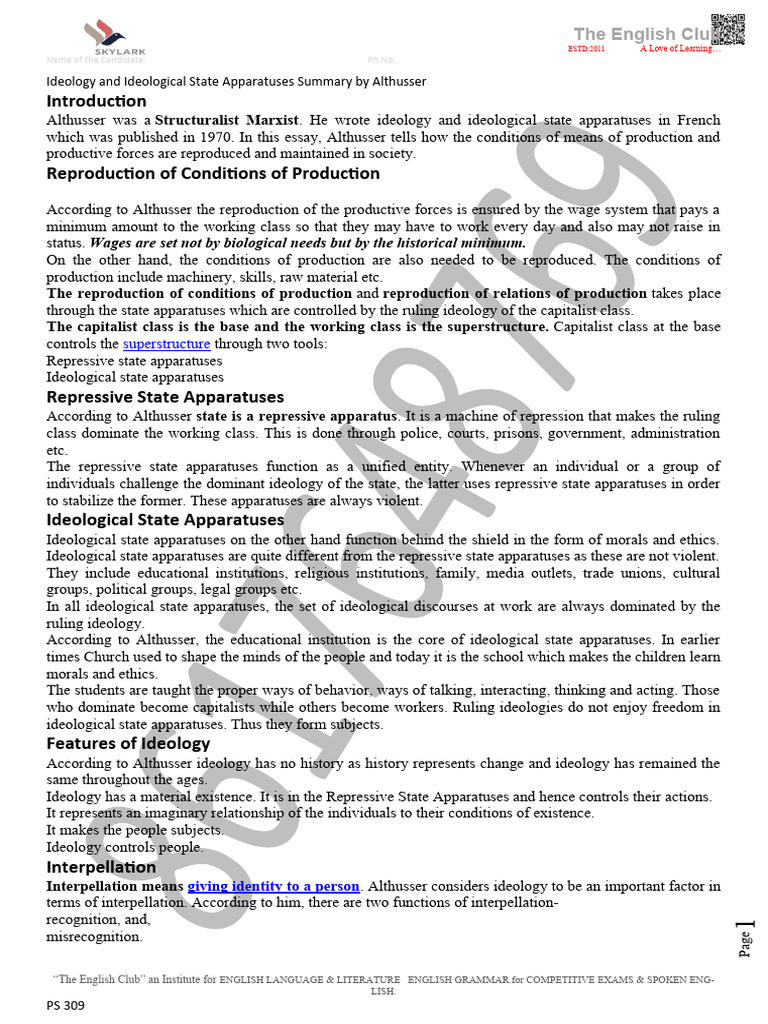 Ideology and Ideological State Apparatuses Summary by Althusser ...