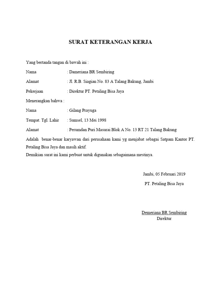 Surat Keterangan Kerja Karyawan PT. Petaling | PDF