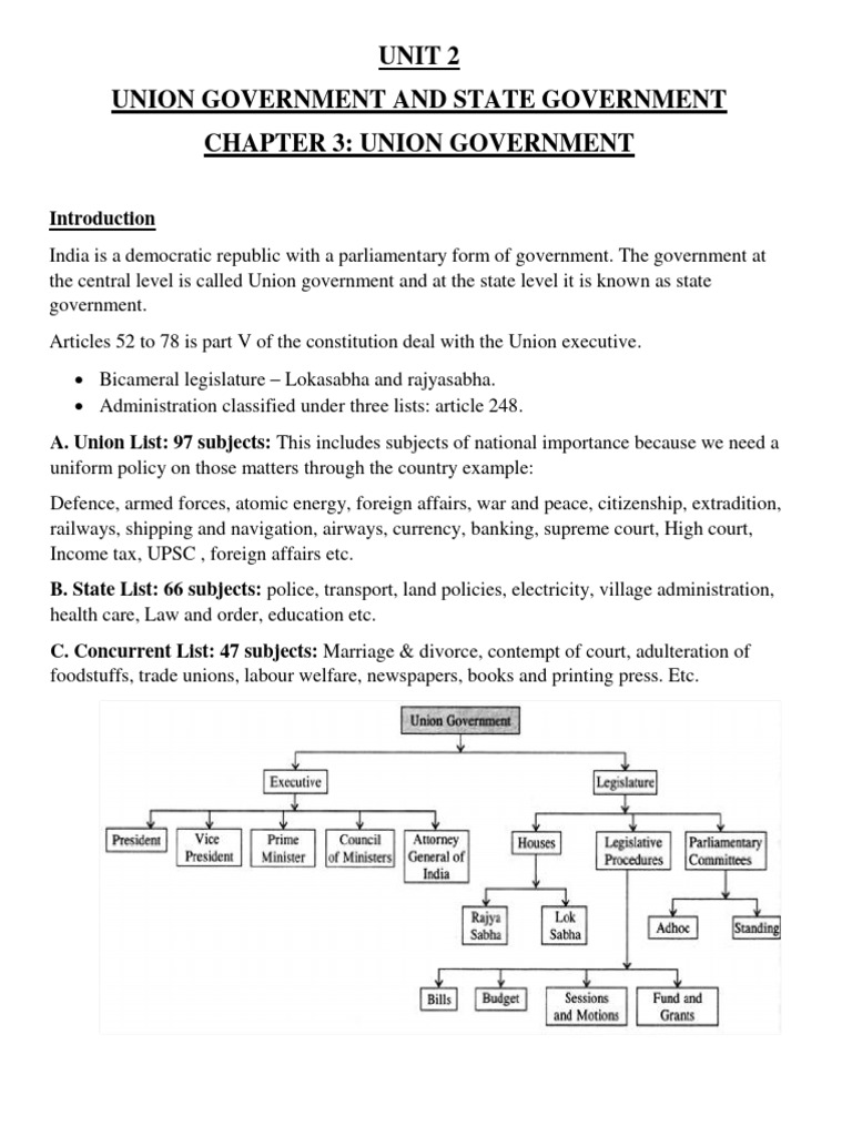Unit 2 - Union Government and State Government | PDF | Government Of ...