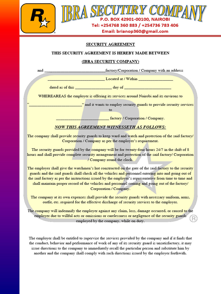 IBRA SECURITY CO Security Agreement | PDF | Security Guard | Private Law