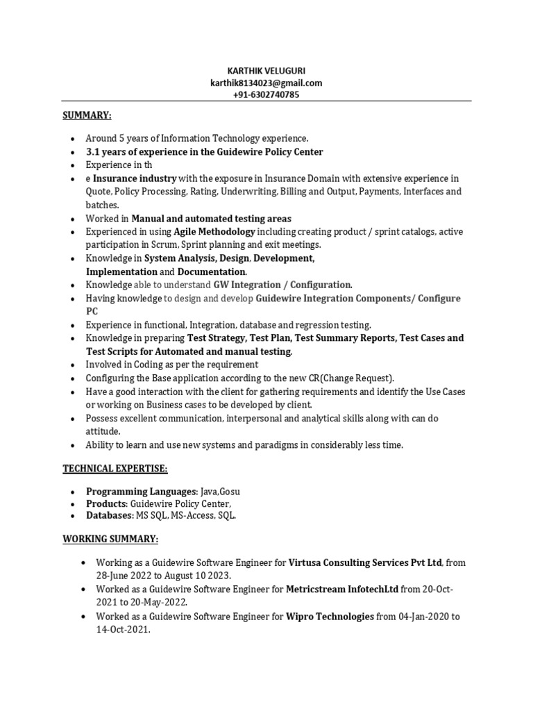 Guidewire Resume Karthik | PDF | Insurance | Computer Programming