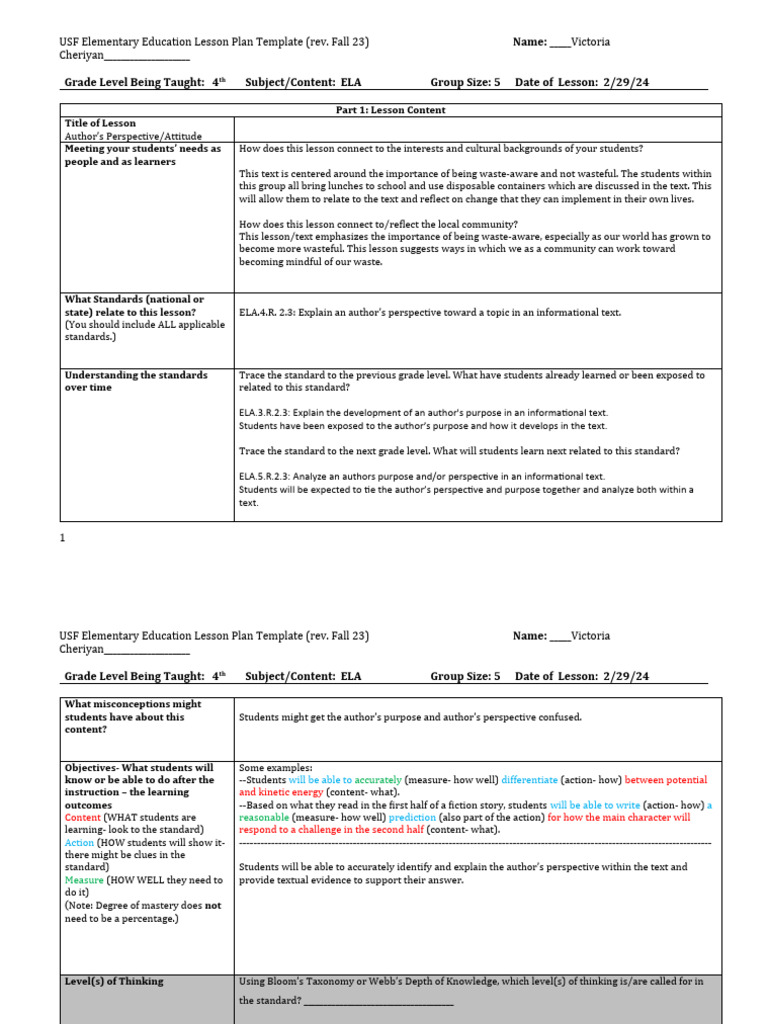 4th Grade ELA Lesson Plan Template | PDF | Educational Assessment ...