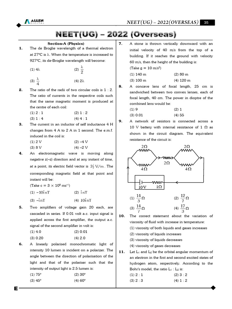 NEET 2022 Abroad Physics Question Paper | PDF | Inductor | Inductance
