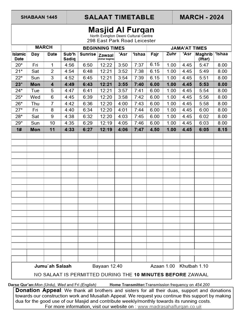 Masjid Al Furqan Timetable March 2024 | PDF