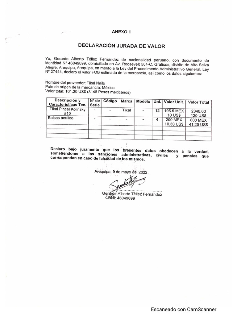 Declaración Jurada de Valor | PDF