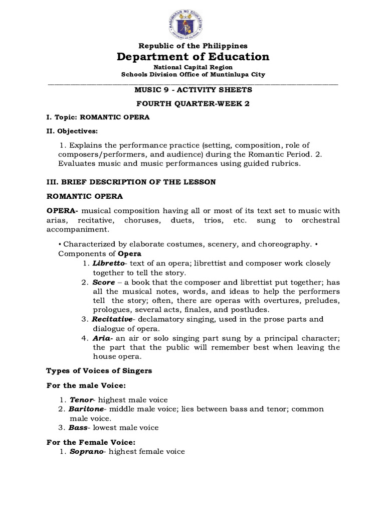 Music 9 Week 2 Activity Sheets q 4 Final | PDF | Opera | Singing