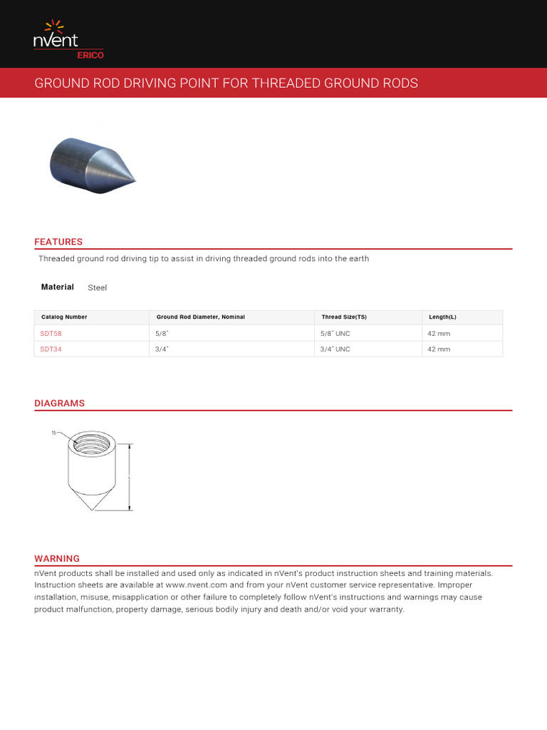 Nvent ERICO Ground Rod Driving Point For Threaded Ground Rods | PDF