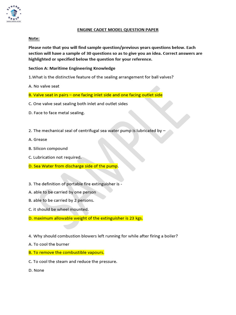 Engine Cadet Model Question Paper | PDF | Pump | Diesel Engine