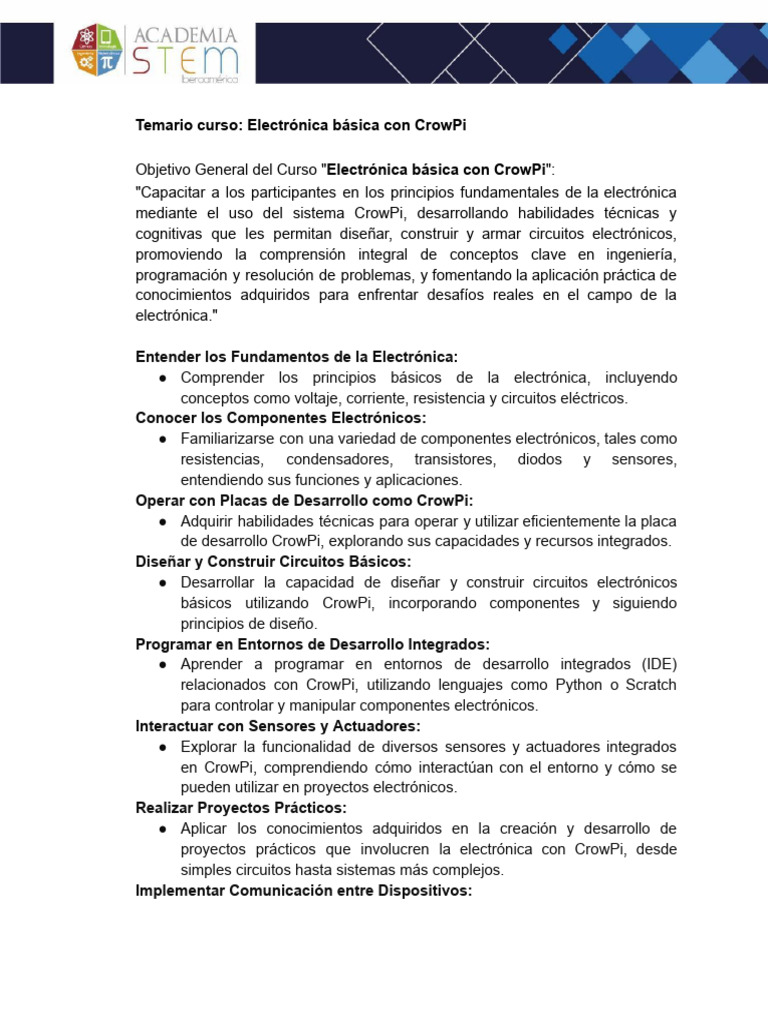 Temario Del Curso - Electrónica Básica Con CrowPi | PDF | Electrónica | Red eléctrica