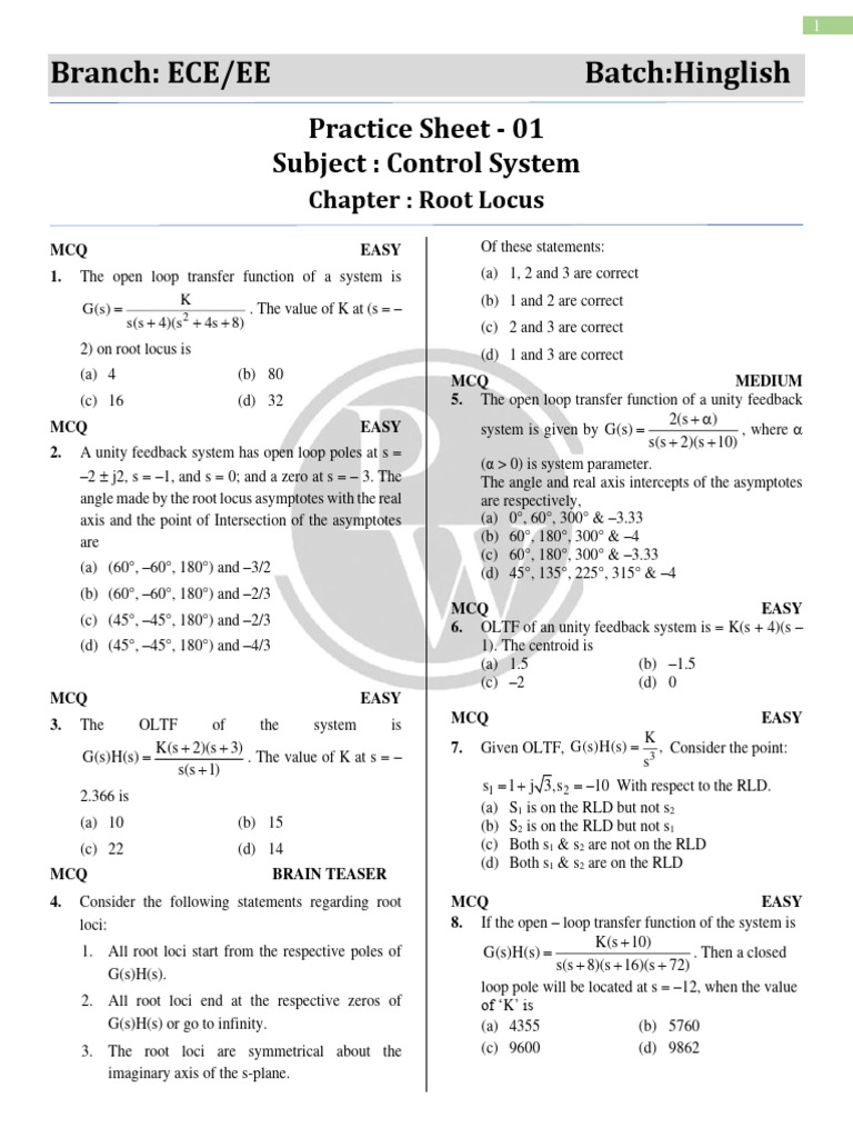 Root Locus: Practice Sheet 01 (By Diptanshu Sir) | PDF | Control Theory ...
