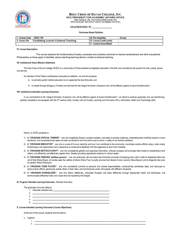 EDUC 105 -Facilitating Learner-Centered Teaching - SYLLABUS | PDF | Learning | Cognition