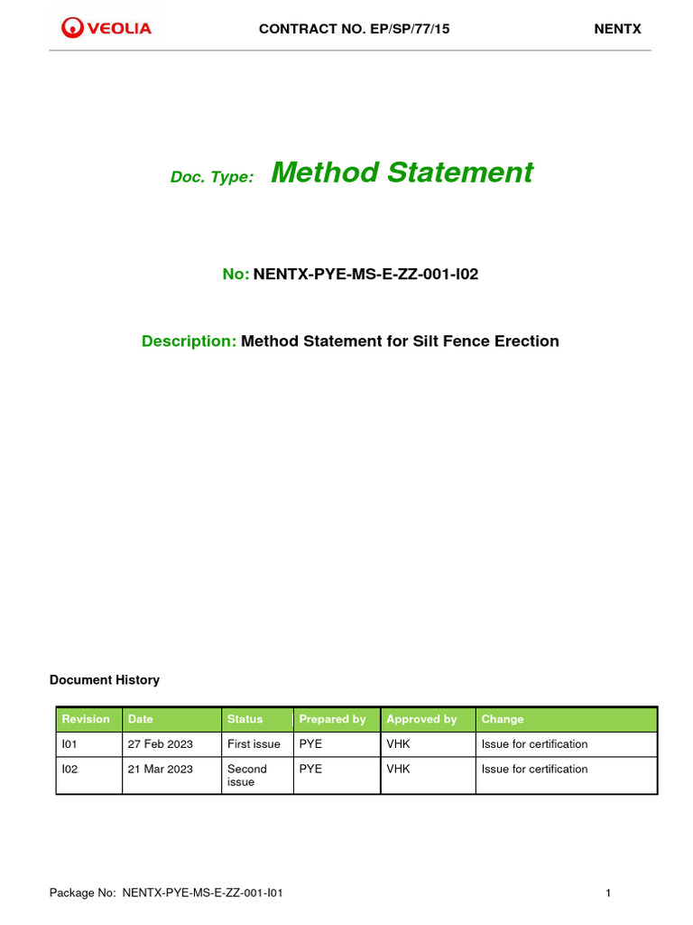 NENTX-PYE-MS - Method Statement For Silt Fence Erection - I02 | PDF | Personal Protective ...