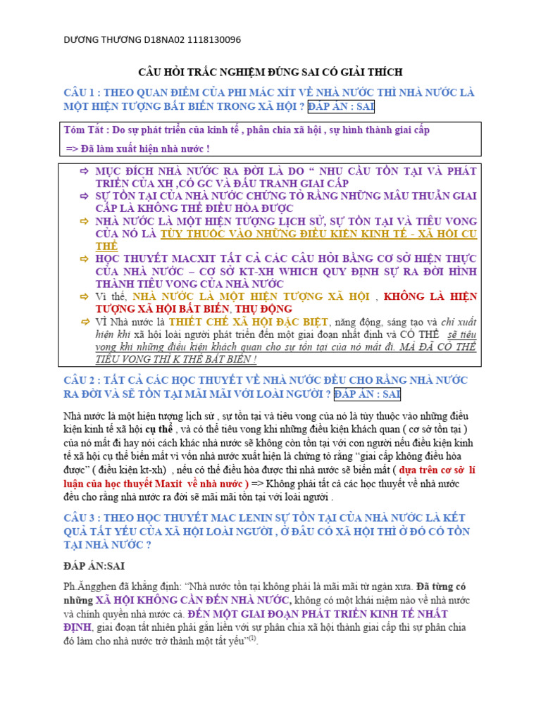 Câu Hỏi Trắc Nghiệm Đúng Sai Có Giải Thích (Pldc - c1) | PDF
