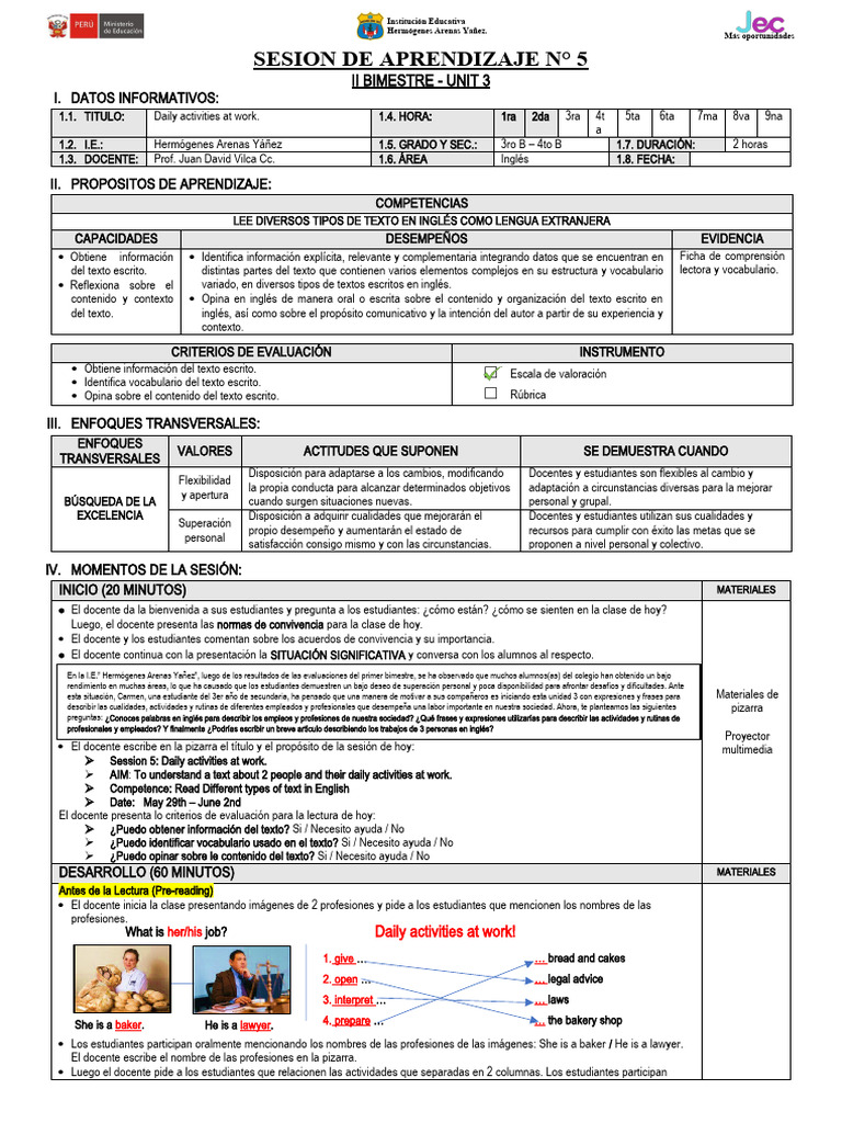 Sesion de Aprendizaje N°5 - 2023 - Ciclo Vii - Unit 3 | PDF | Evaluación | Aprendizaje