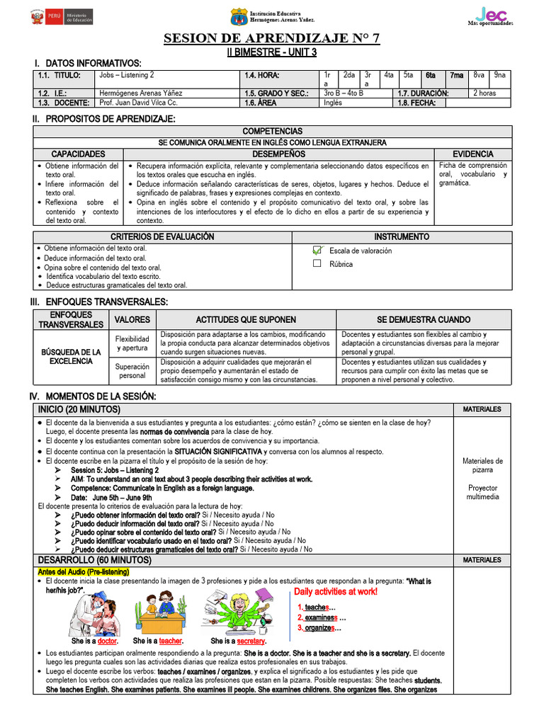 Sesion de Aprendizaje N°7 - 2023 - Ciclo Vii - Unit 3 | PDF | Maestros | Evaluación