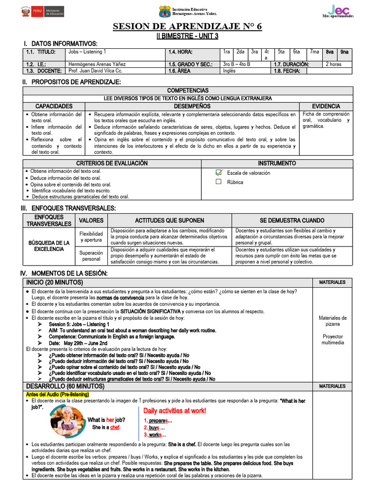 SESION DE APRENDIZAJE N°6 - 2023 - CICLO VII - UNIT 3 | PDF | Conceptos psicologicos ...