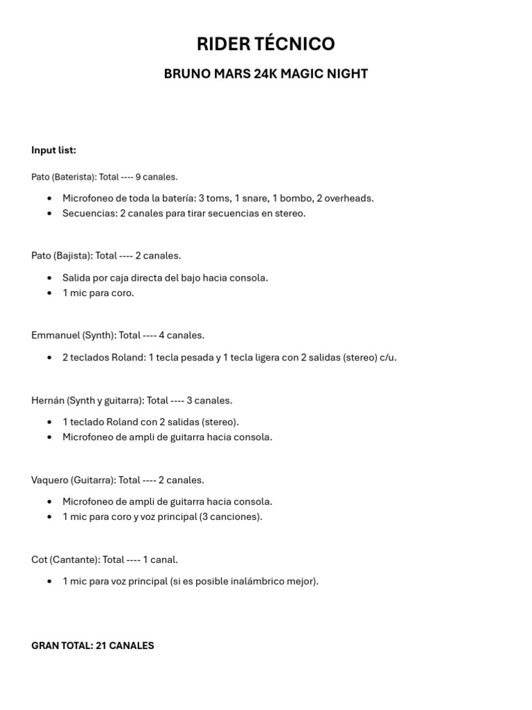 Rider Técnico Bruno Mars 24K Magic | PDF