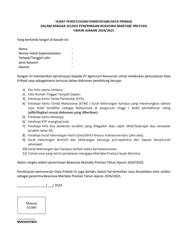Surat Persetujuan Orangtua Untuk Pemrosesan Data Pribadi Anak Tingkat ...