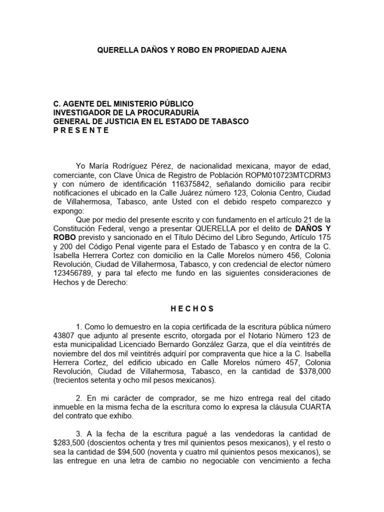 Querella por Daños y Robo en Tabasco | PDF | Propiedad | Ley común