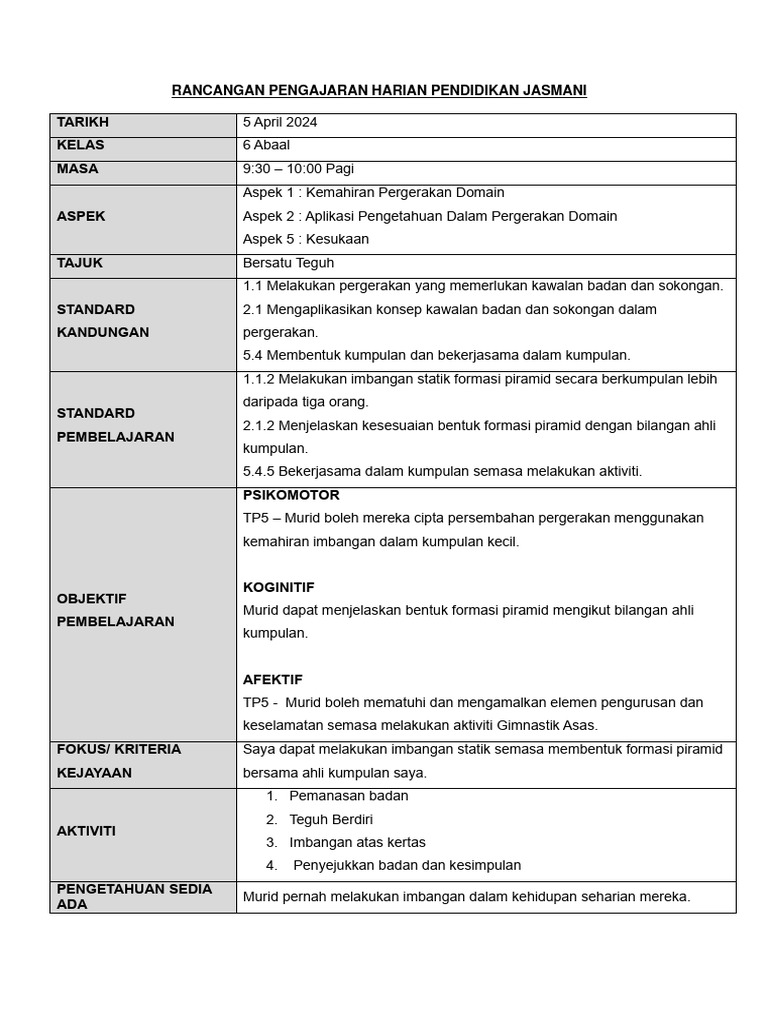 RPH PJ Tahun 6 Abaal (5 April) | PDF