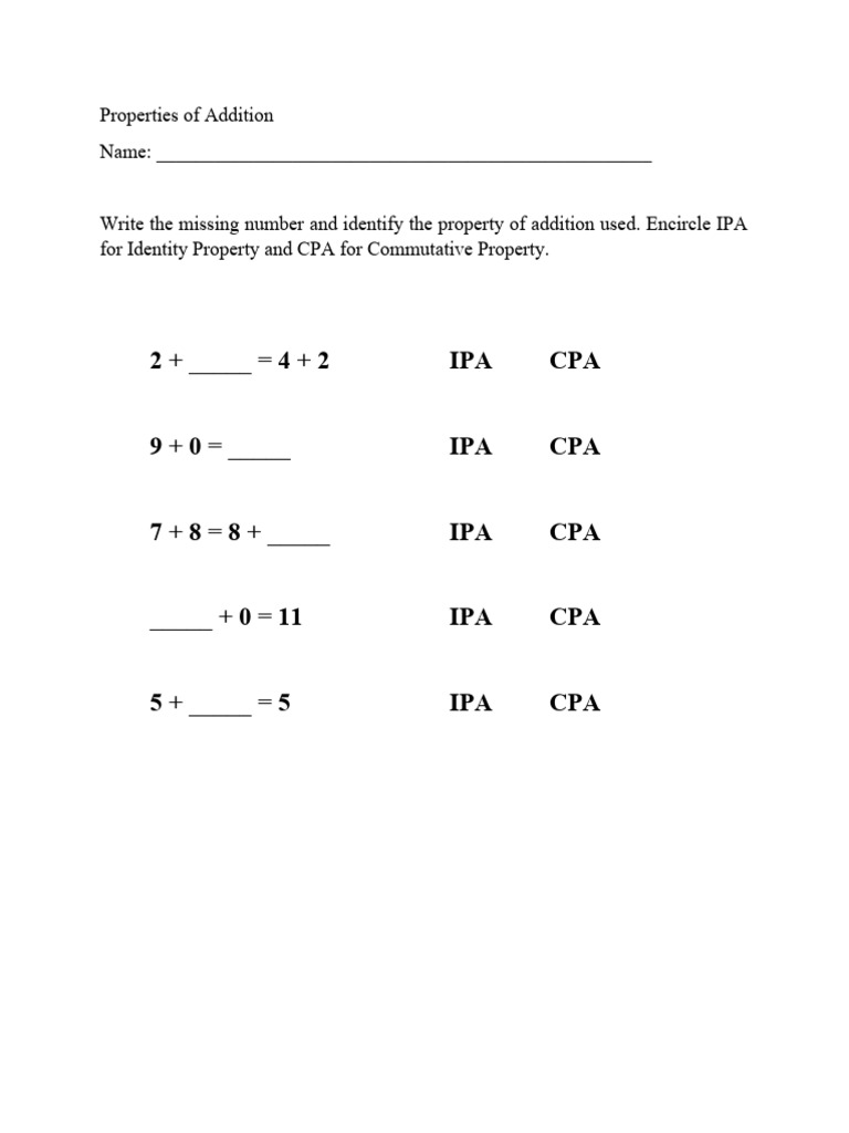 Math Worksheet: Addition Properties | PDF