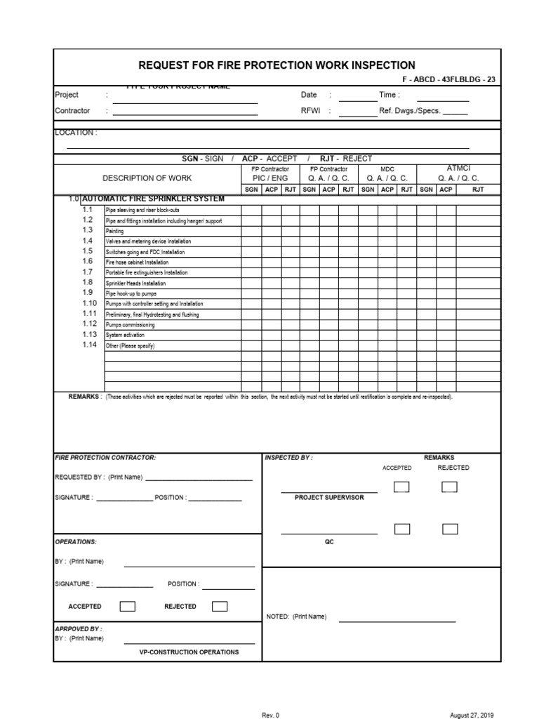 23-Request For Fire Protection Work Inspection | PDF | Equipment ...