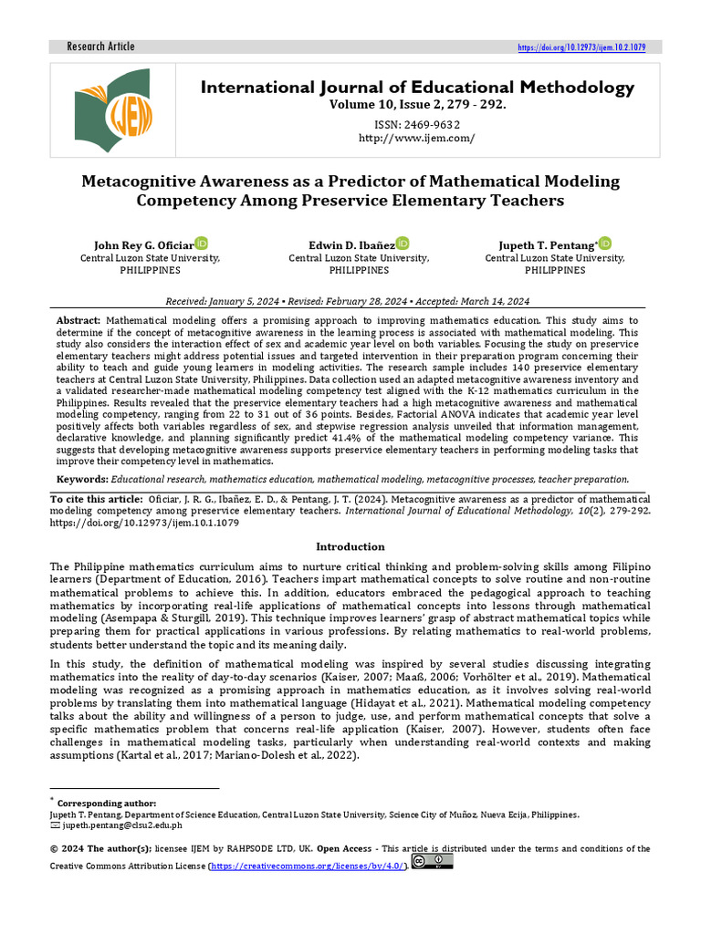 Metacognitive Awareness As A Predictor of Mathematical Modeling Competency Among Preservice ...