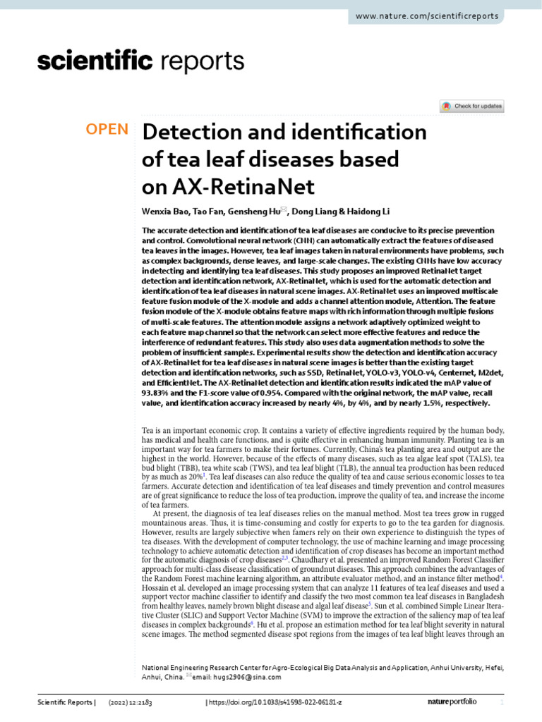 Bao Et Al - 2022 - Detection and Identification of Tea Leaf Diseases Based On AX-RetinaNet | PDF ...
