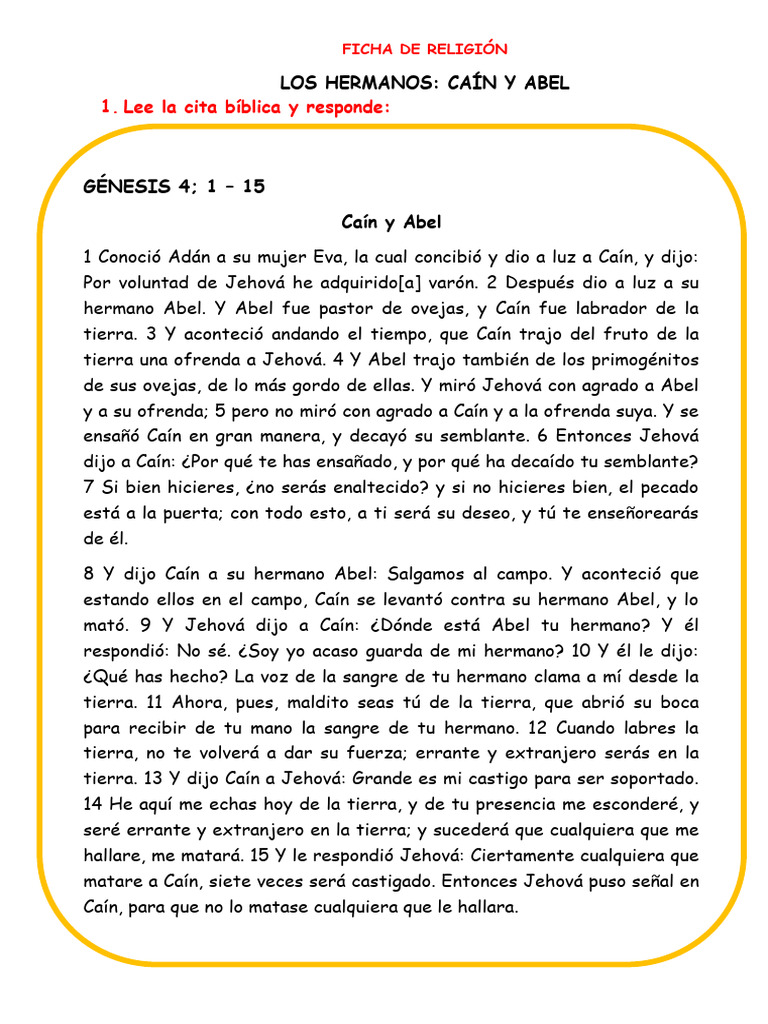 Ficha Relig Mart 16 - 04 Caín y Abel | PDF | Creencia religiosa y doctrina