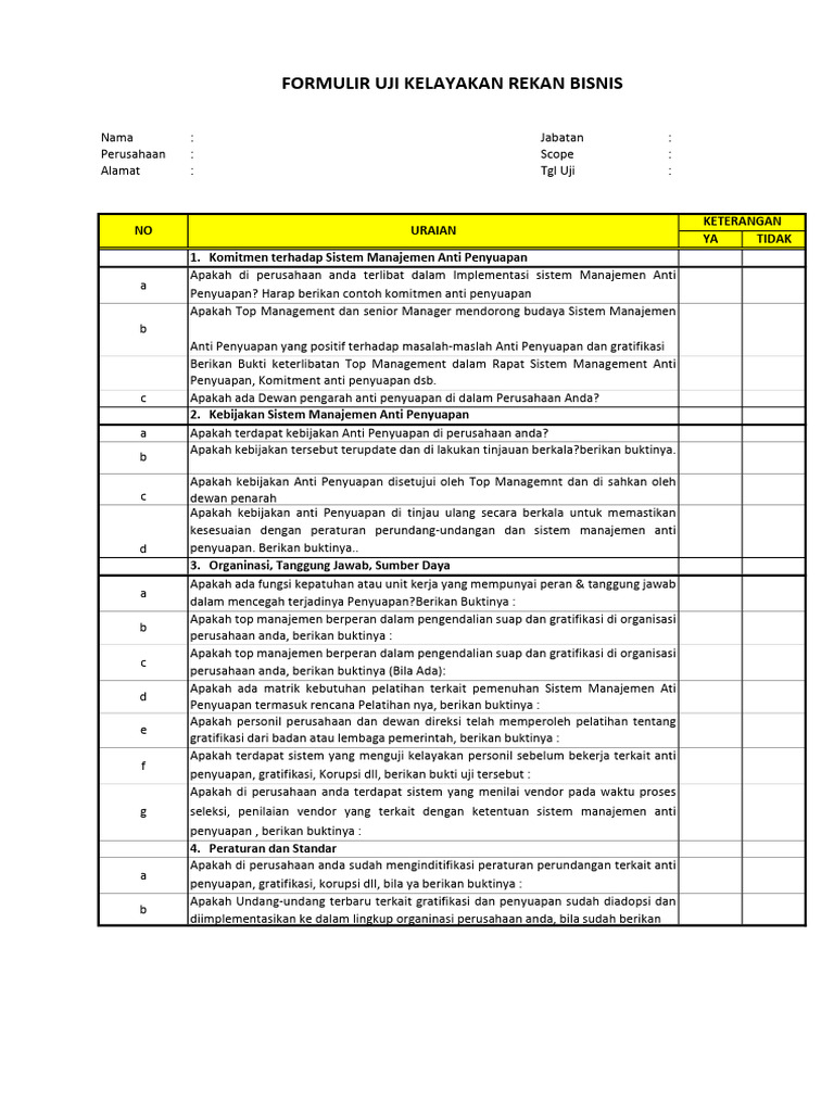 Formulir Uji Kelayakan Rekan Bisnis | PDF