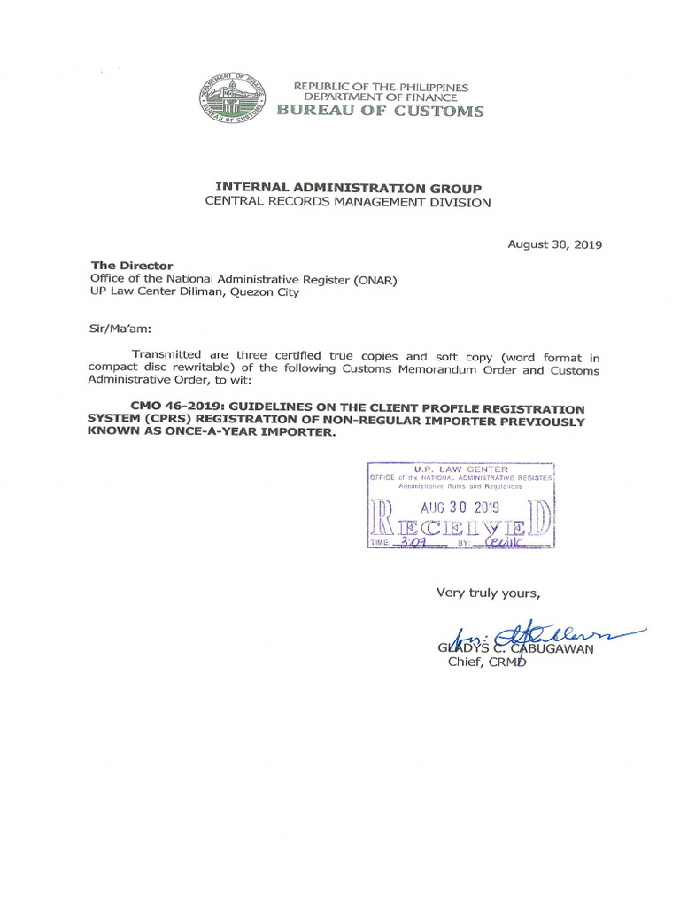 Cmo-46-2019-Guidelines On The CPRS Registration of Non-Regular Importer ...
