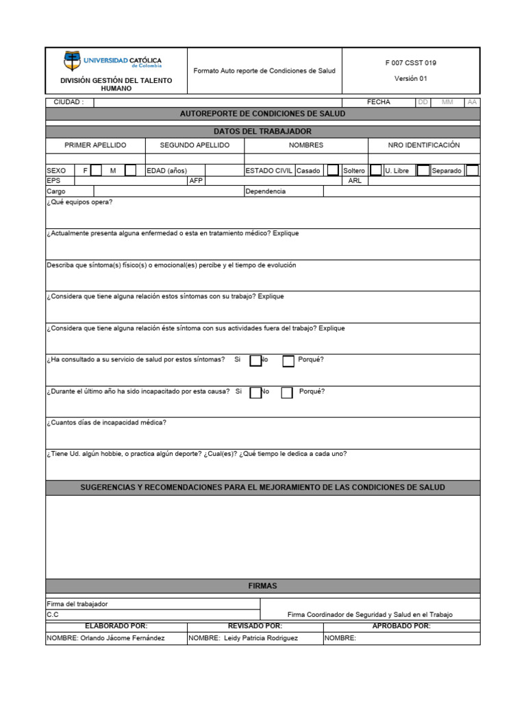 Formato Autoreporte de Condiciones de Salud Uv | PDF | Causas de la ...
