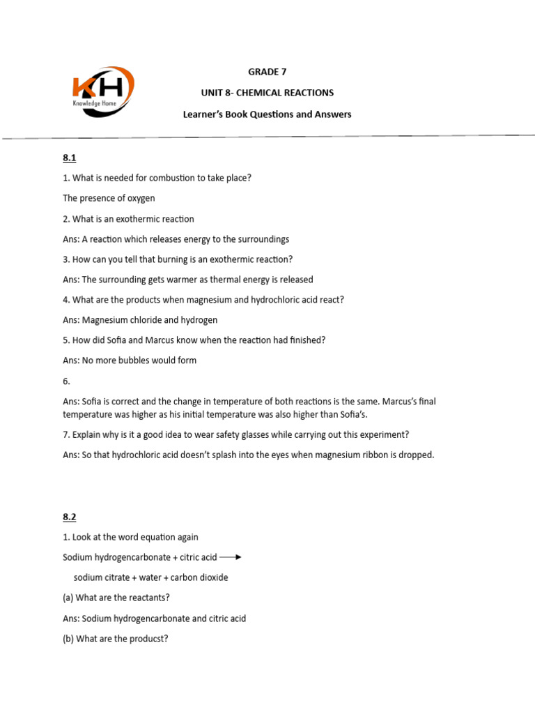 Grade 7 Chemical Reactions Q&A Guide | PDF | Chemical Reactions | Magnesium