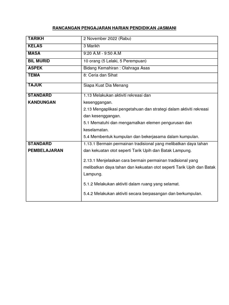 RPH Pendidikan Jasmani 2 November 2022 (New) | PDF