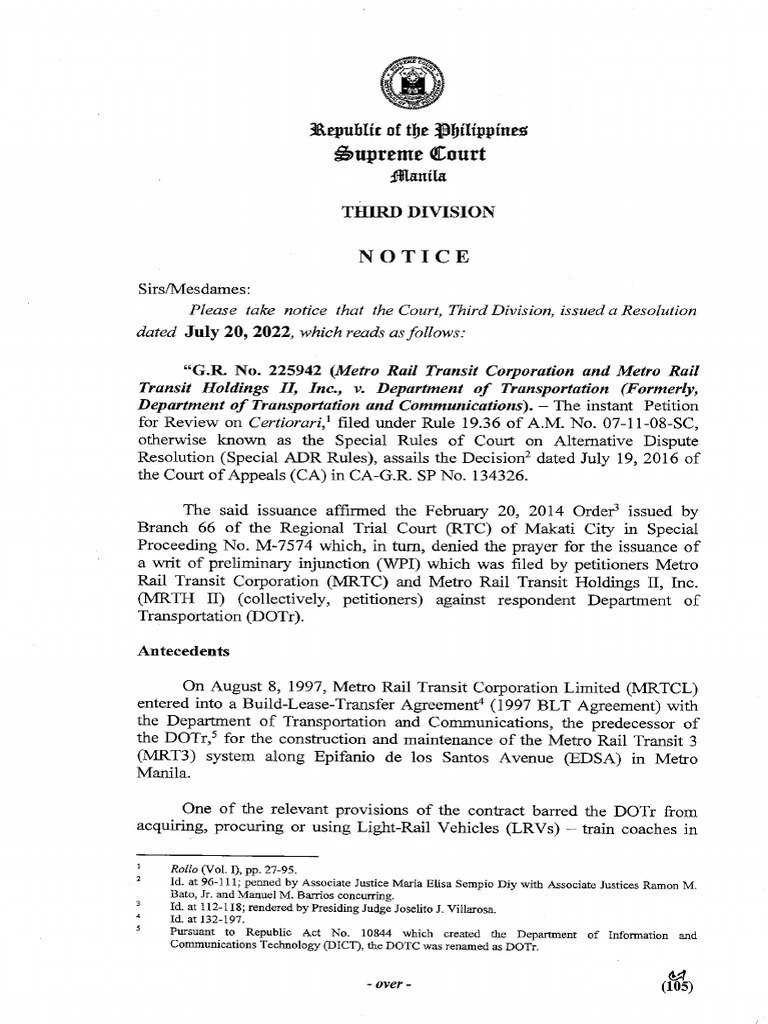 PI.4 Metro Rail Transit Corp vs. DOTC, GR 225942 (2022) | PDF | Injunction | Common Law