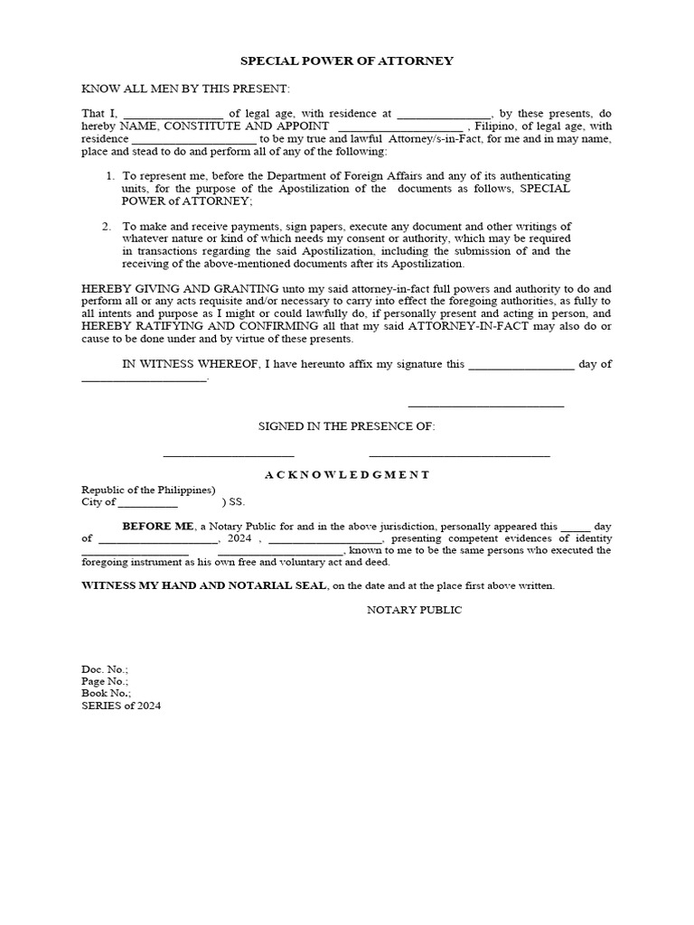 Special Power of Attorney for DFA - Apostille | PDF | Power Of Attorney ...