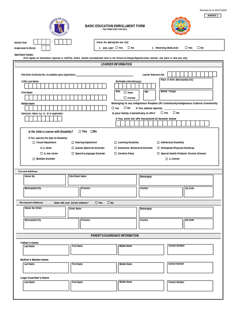 Basic Education Enrollment Form | PDF | Disability | Visual Impairment
