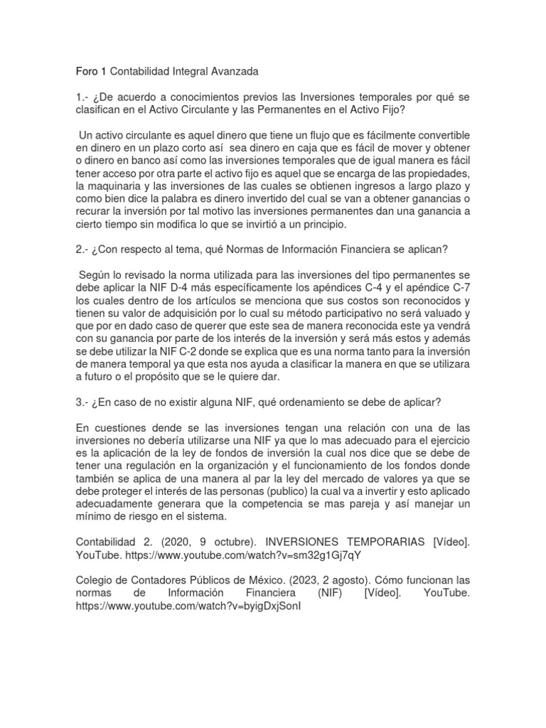 Foro 1 Contabilidad Integral AvanzadaNMFJ | Descargar gratis PDF | Inversiones | Contabilidad