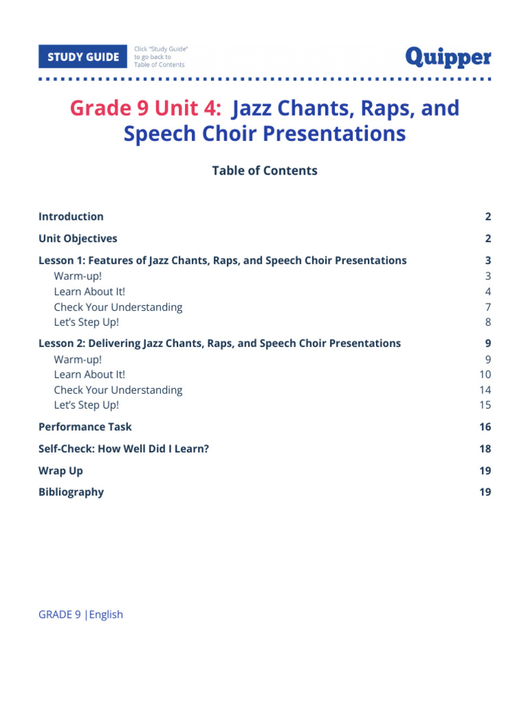 PDF - English Grade 9 - Unit 4 - Jazz Chants, Raps, and Speech Choir Presentations, 2 Topics ...